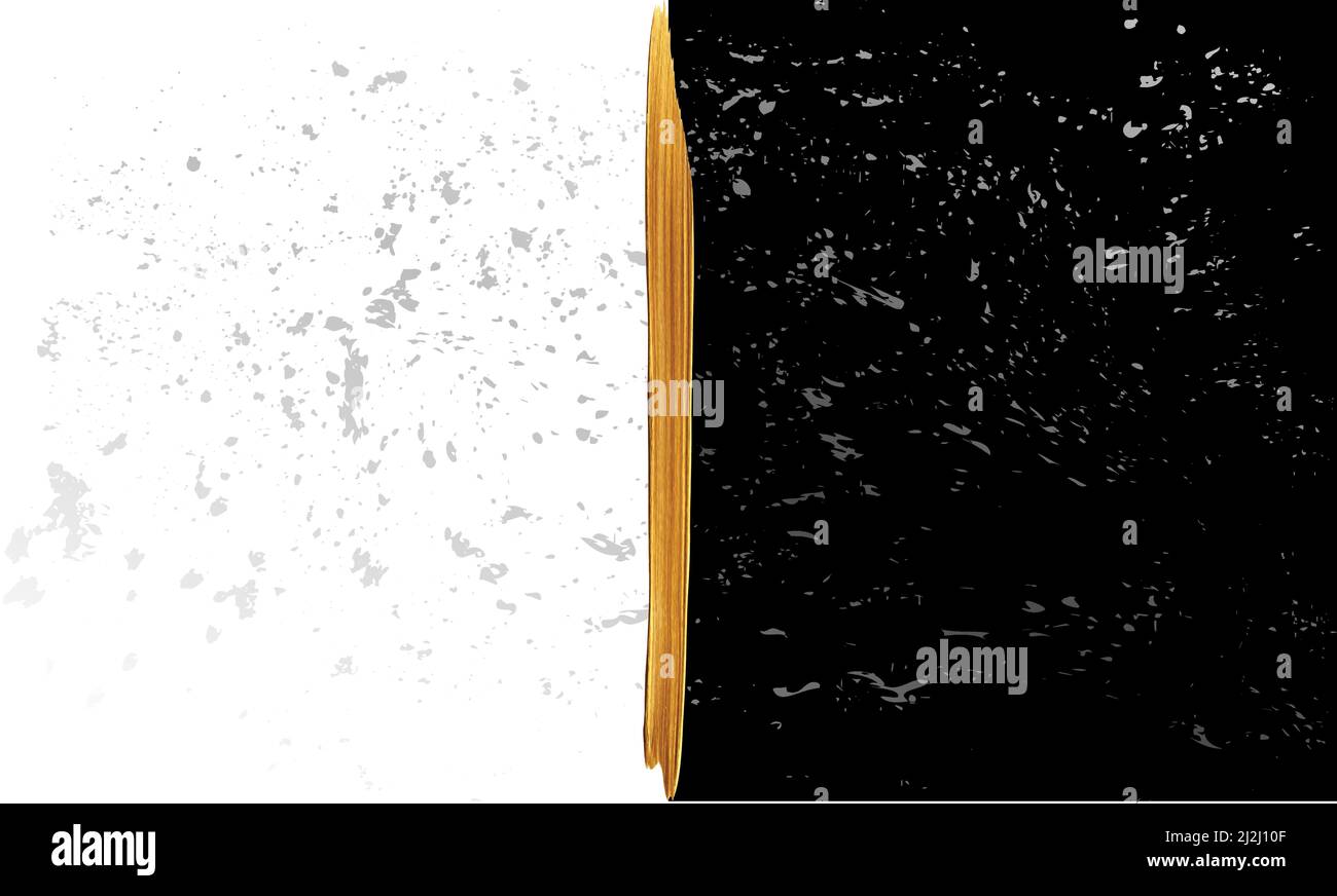 Abstract background divided by gold line. Black and white distress ...