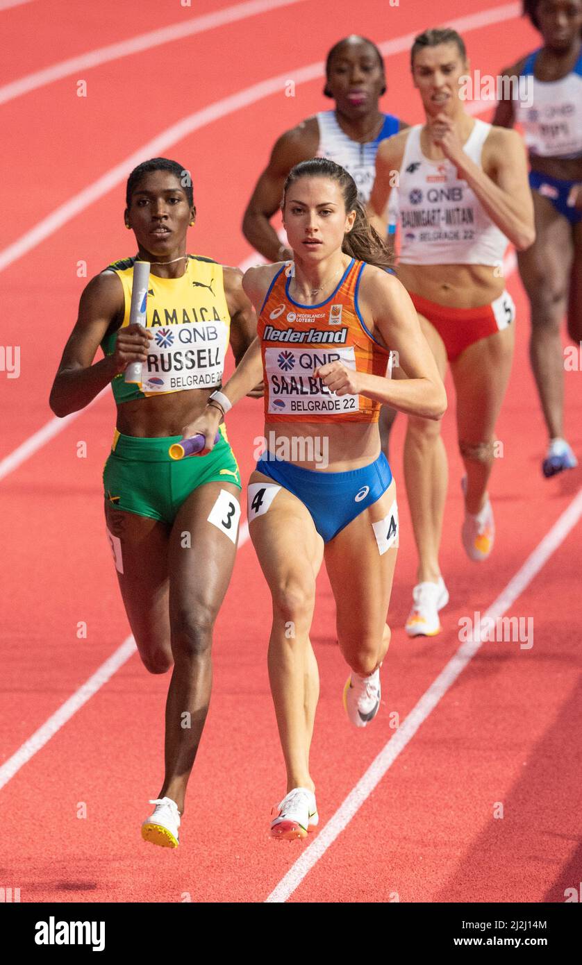 Janieve Russell JAM, and Eveline Saalberg NED running the second leg in ...