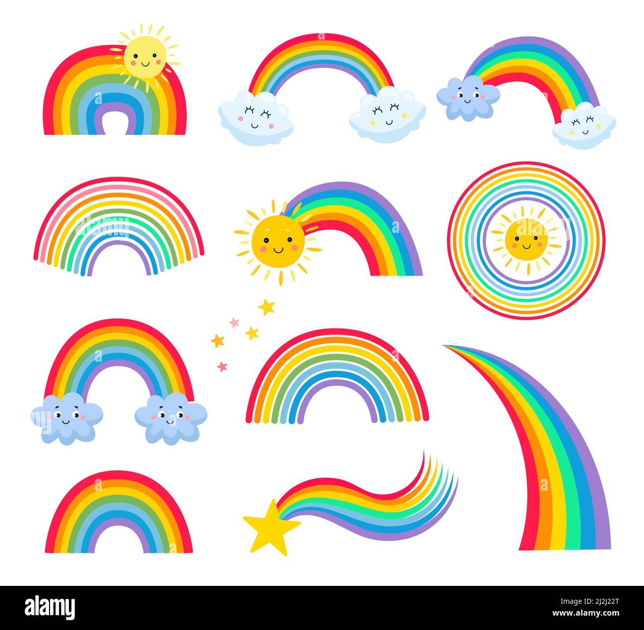 Different shapes of rainbow vector illustrations set. Cute cloud and ...