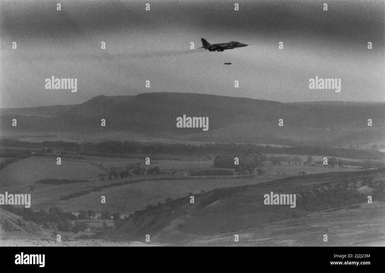 A RAF Anglo-French SEPECAT Jaguar, ground attack aircraft, drops it's ...