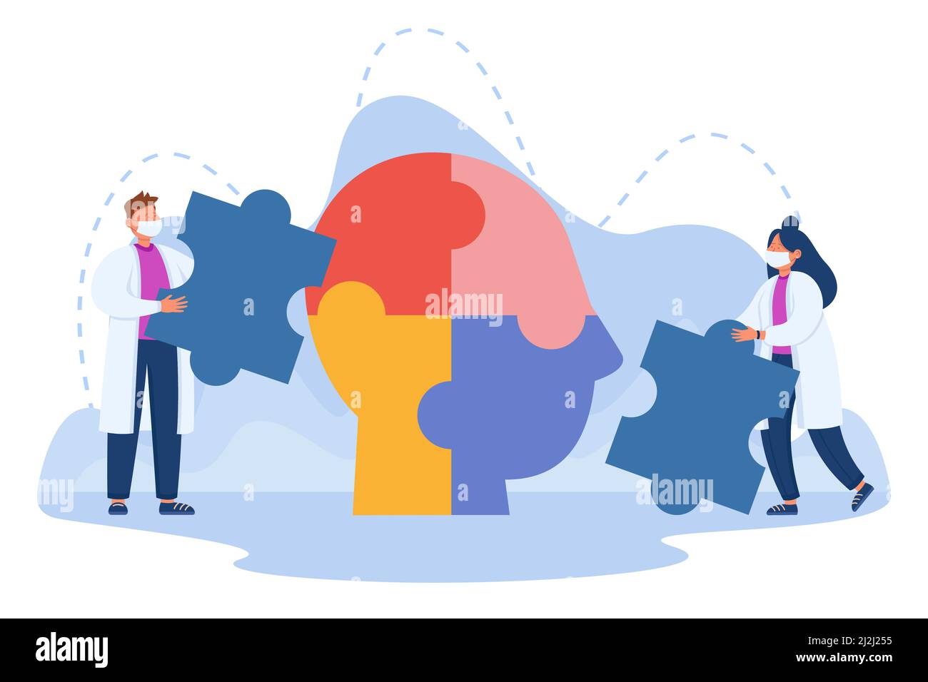 Doctors connecting puzzle of personality in head. Team of tiny people ...