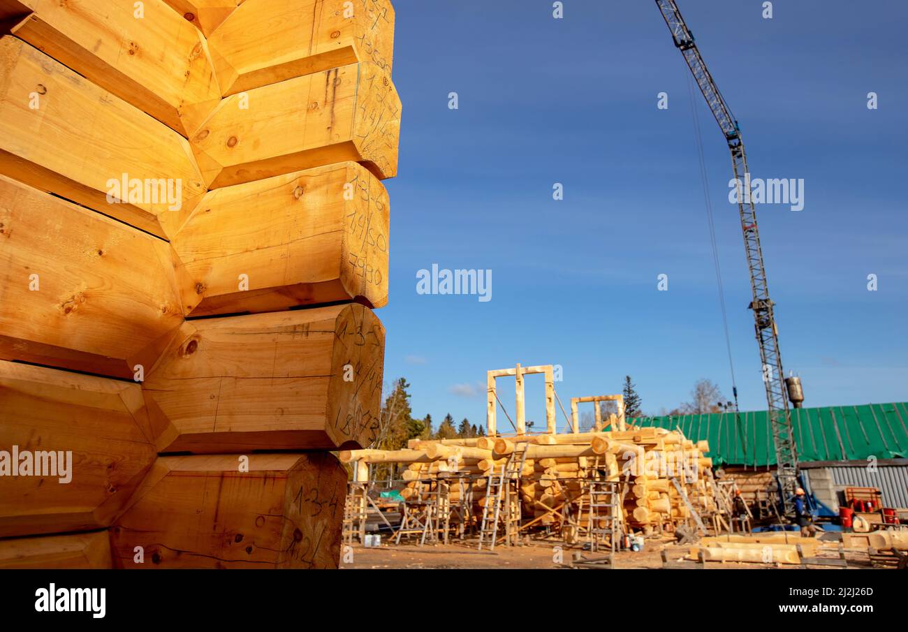 Country house cottages of wooden log under open construction roof ...