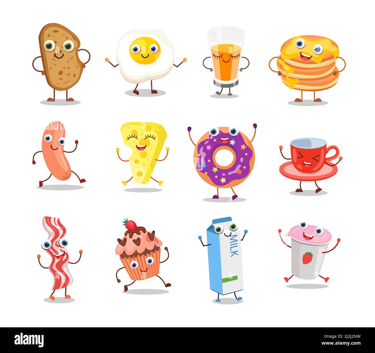Funny happy characters of morning food set. Vector illustrations of ...