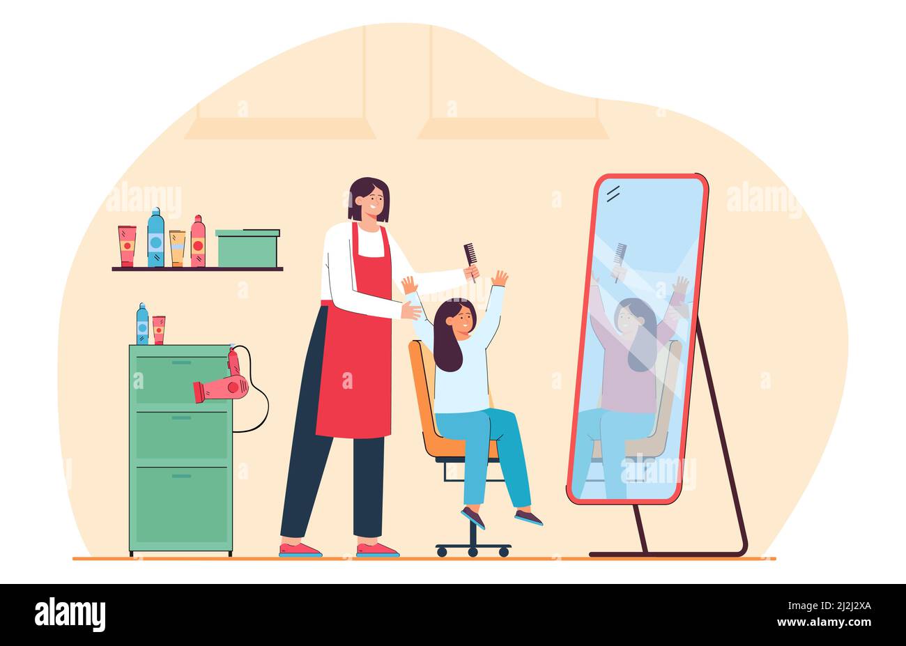 Girl looking in mirror after getting haircut in hair salon. Children ...