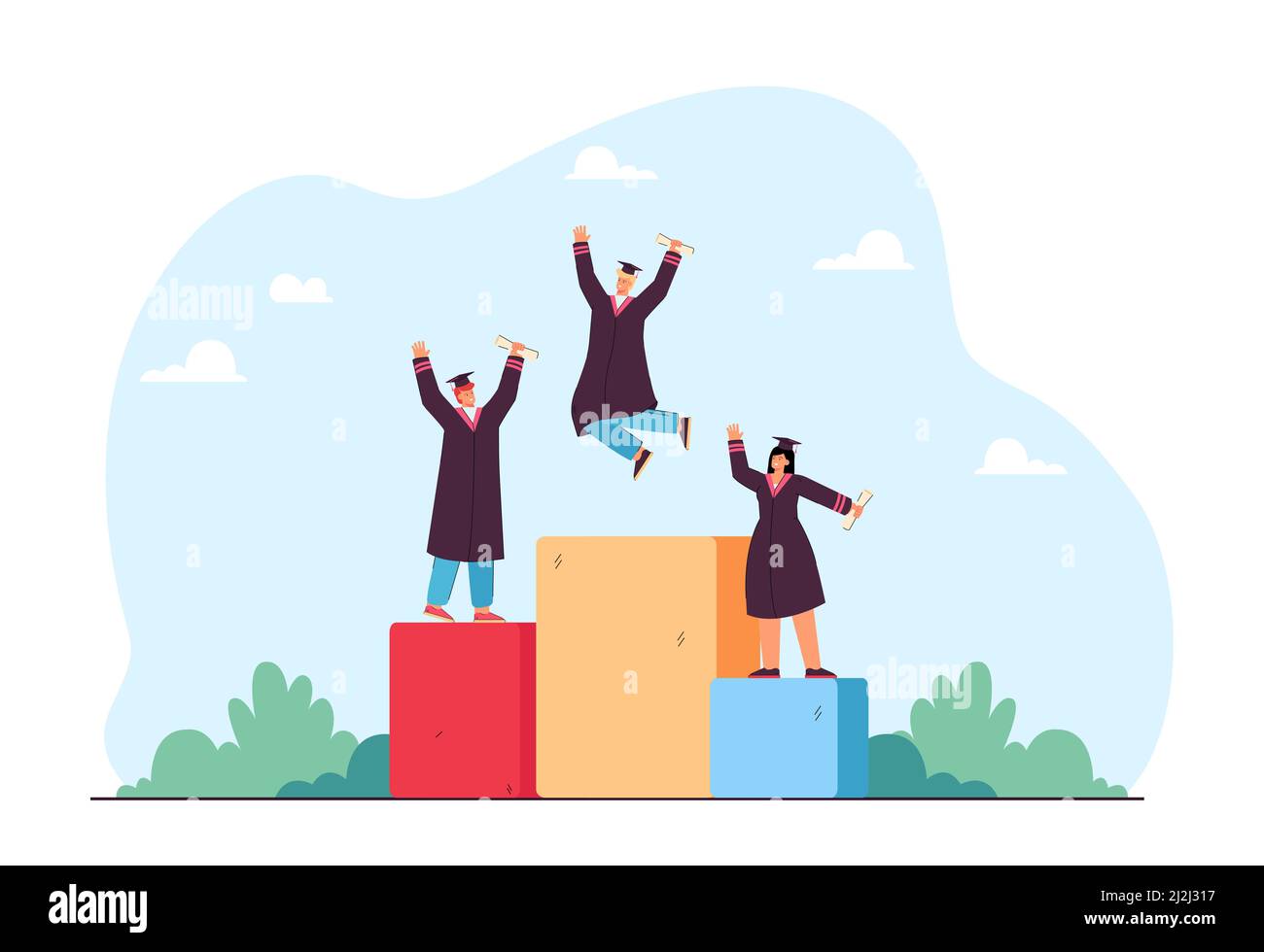 Graduating students wearing cap and gown standing on podium. Graduates ...