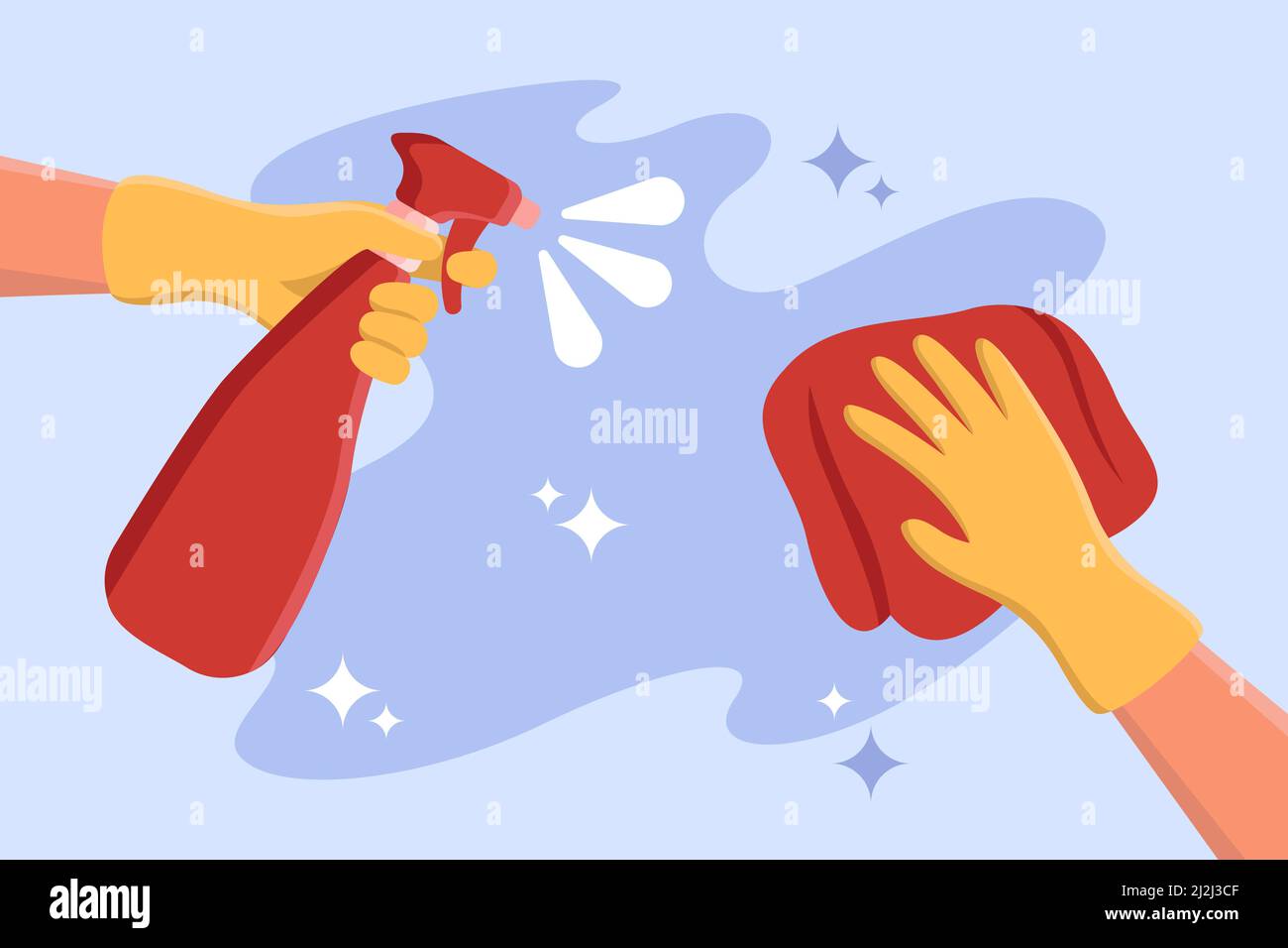 Hands in rubber gloves cleaning surface with spray and rag. Person ...