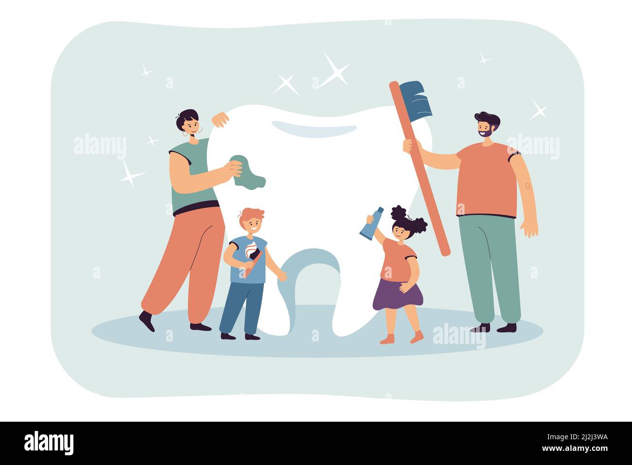 Happy family caring about big tooth together. Flat vector illustration ...