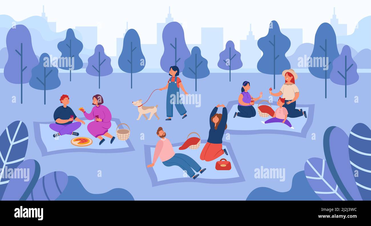 Happy people spending time on picnic outdoors. Flat vector illustration ...
