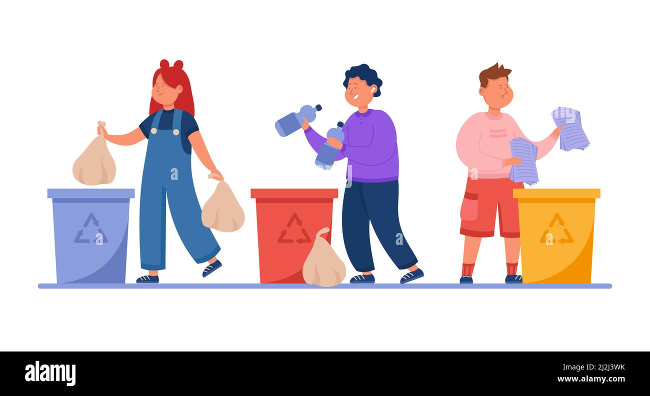 Happy kids throwing trash in recycle dustbins. Children sorting paper ...