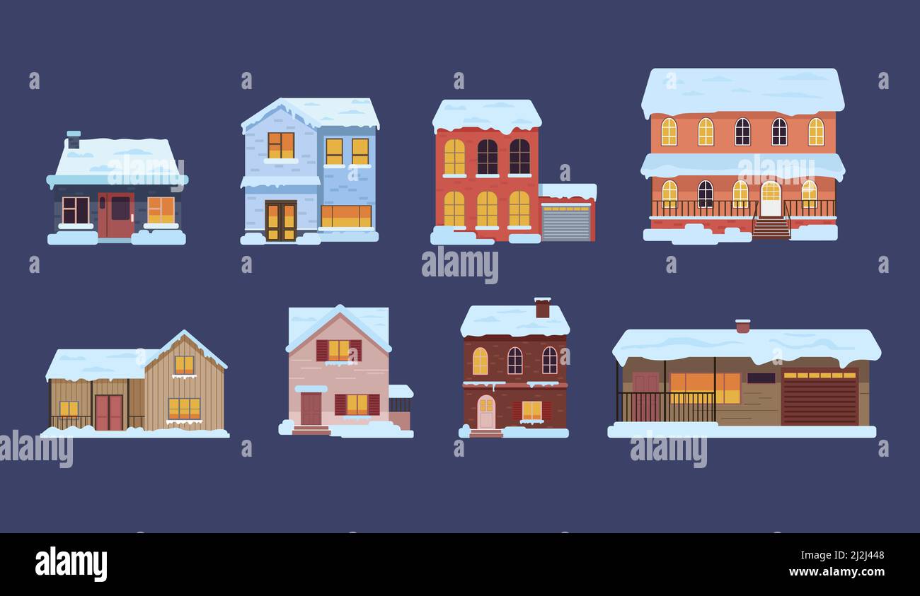 Houses and apartment buildings in snow isolated on blue background ...