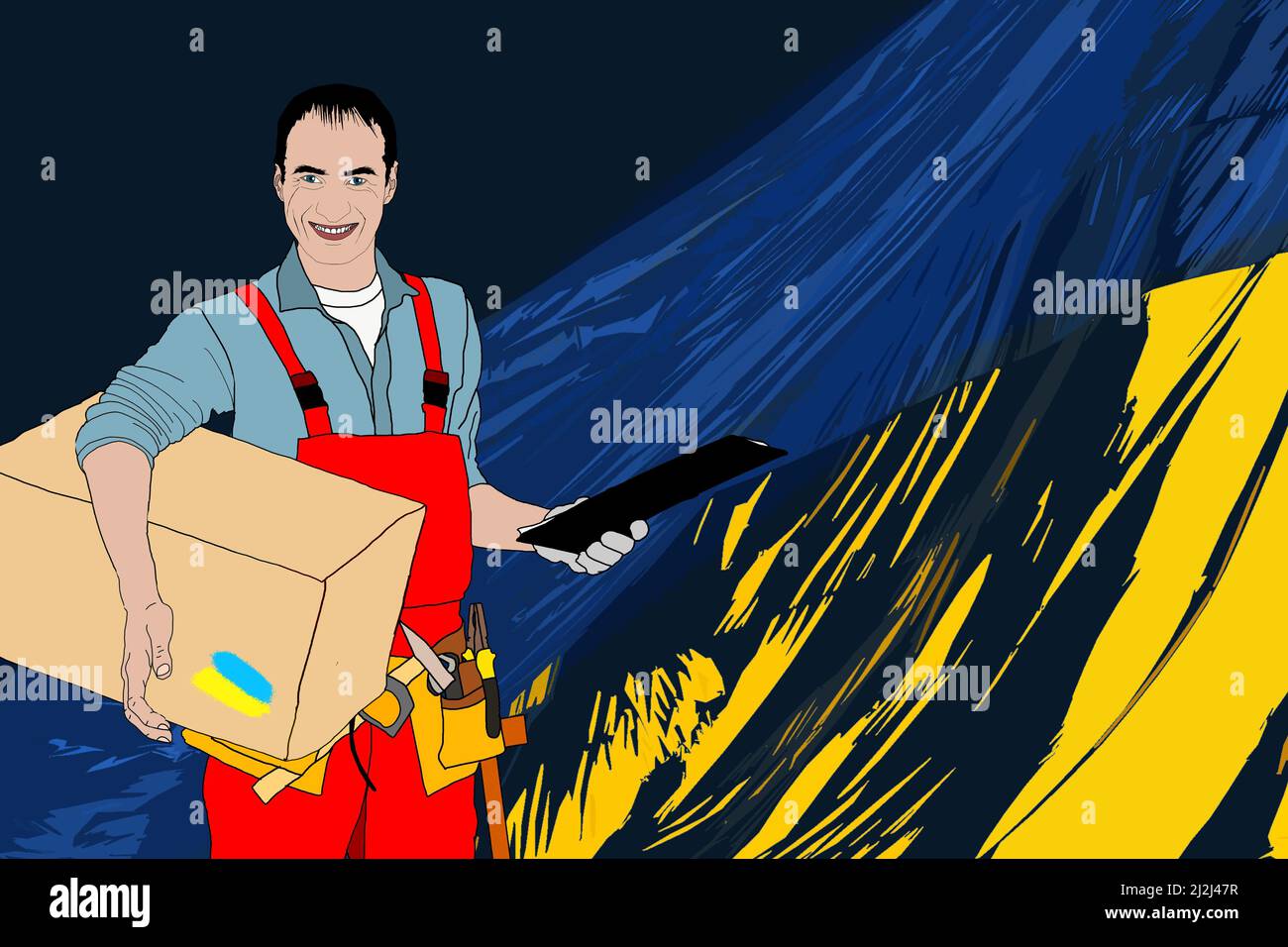 Cardboard box Ukraine. flag of ukraine. delivery man Stock Photo - Alamy