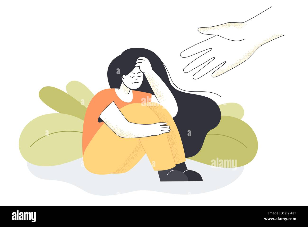 Human hand stretching to young unhappy girl sitting and hugging her ...