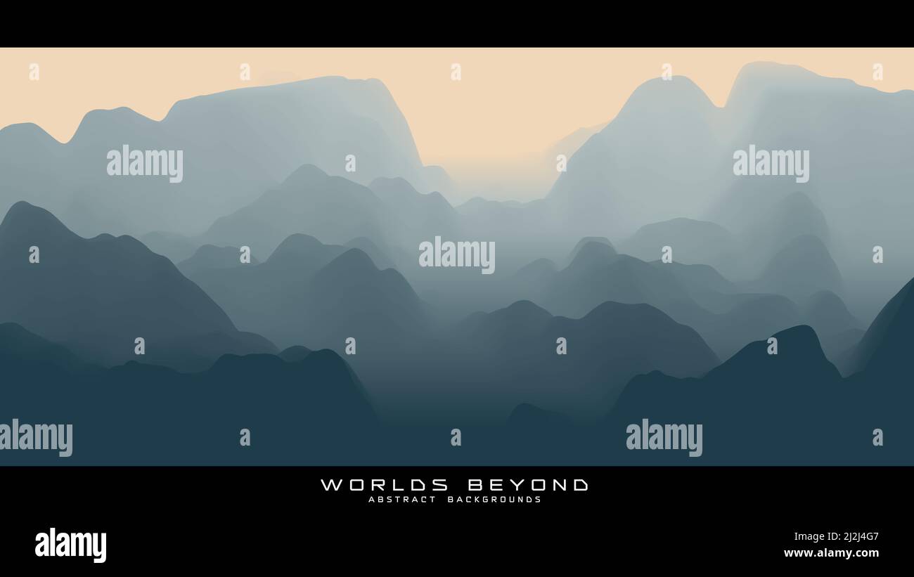 Abstract gray landscape with misty fog till horizon over mountain ...