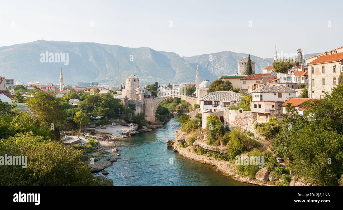 Mostar, Bosnia and Herzegovina. Stari Most bridge at sunny day in old town of Mostar, BiH. High ...