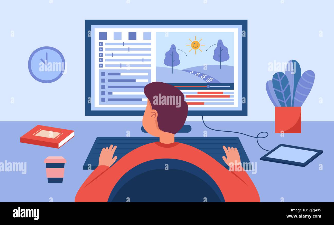 Male animator sitting at computer desk and creating project. Graphic ...