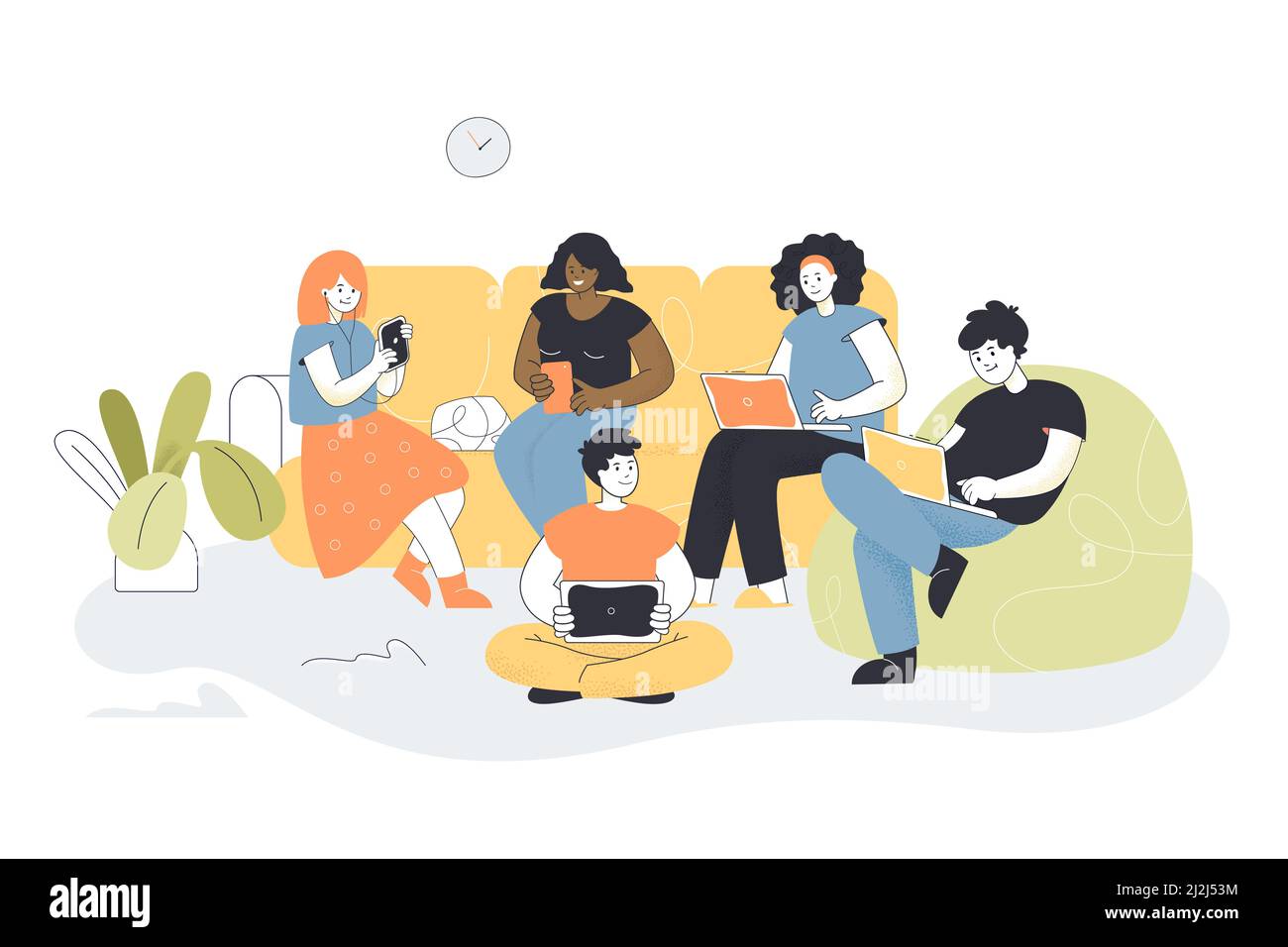 Cartoon characters using smartphones laptops hi-res stock photography ...