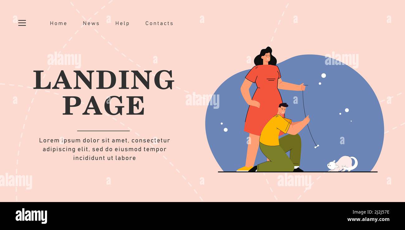 Man and woman playing with cat. Happy couple spending time together ...