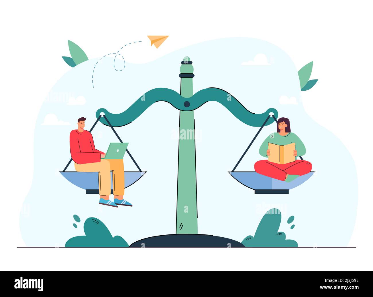 Boy with laptop and girl with book sitting on scale. Online and offline learning comparison flat ...