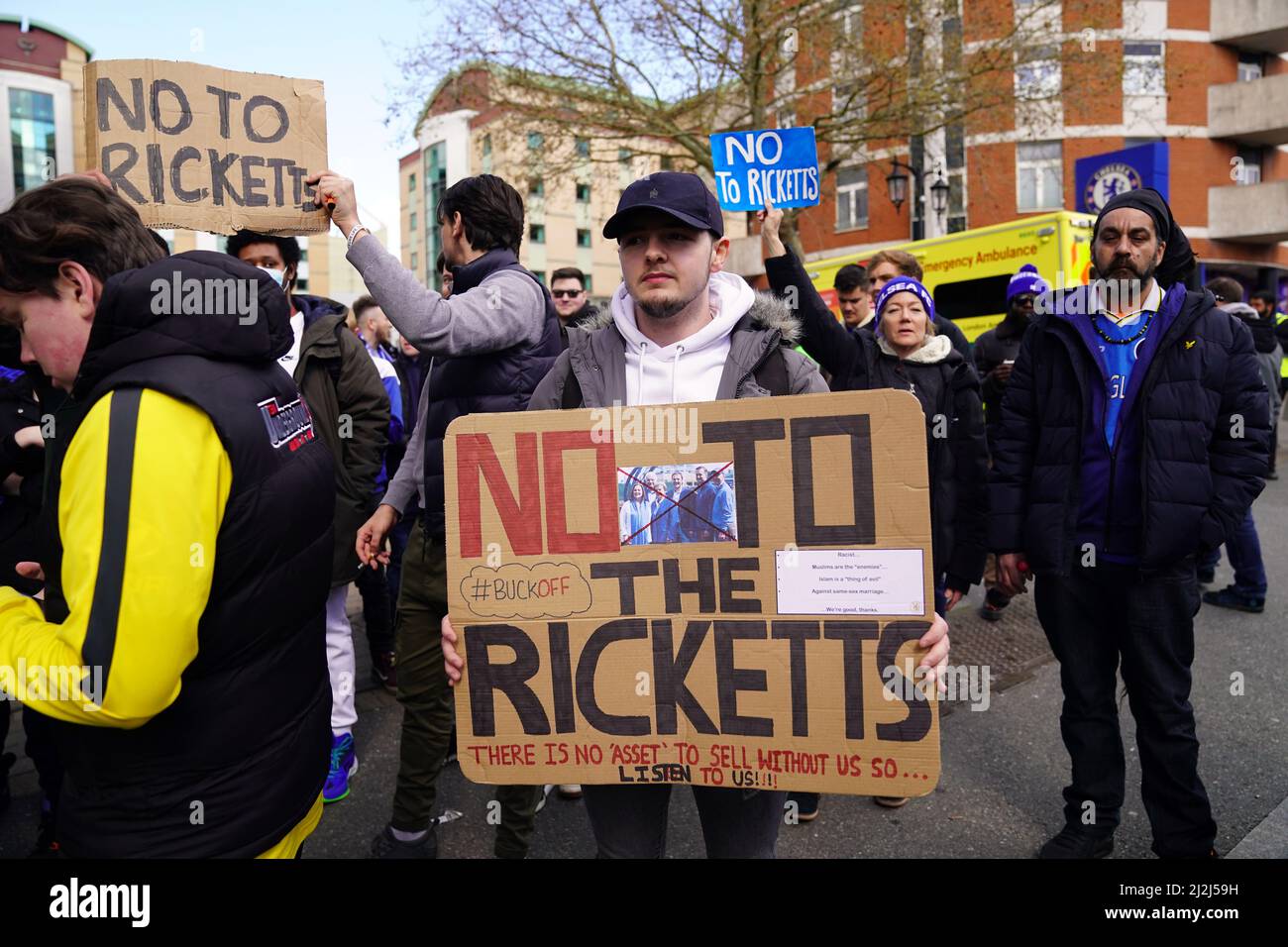 Chelsea fans protest outside the ground against the potential sale of ...