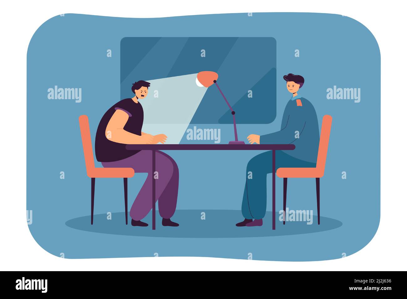 Police officer interrogating criminal in dark room. Flat vector ...