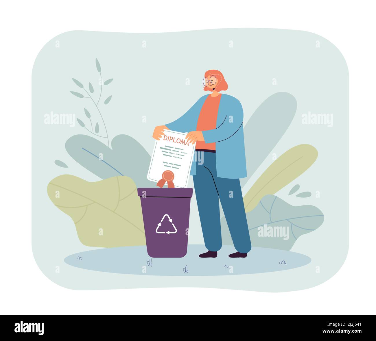 Sad female graduate throwing diploma into recycle bin. Girl putting ...