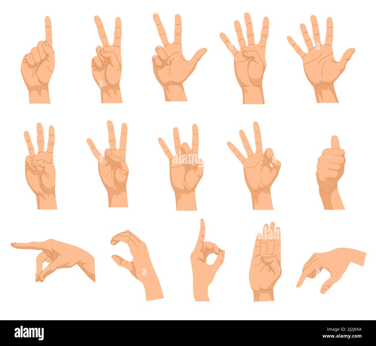 Set of different hand gestures. Vector illustrations of human palm showing numbers, gesturing ...