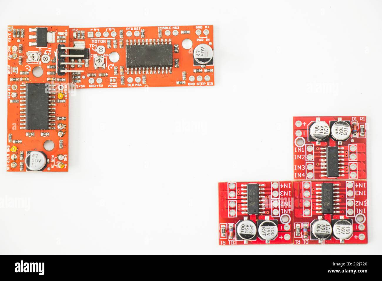 A top view of microprocessor and microchips on white background with ...