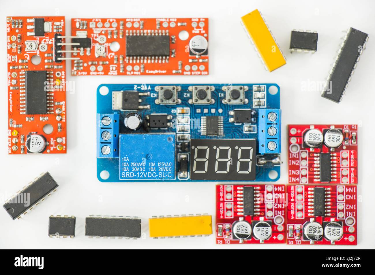 A top view of microprocessor and microchips on white background with ...
