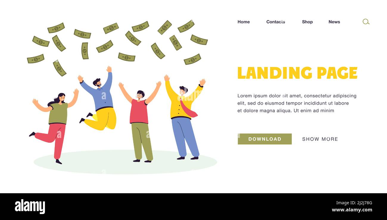 Team of happy people jumping for joy of winning money. Flat vector ...