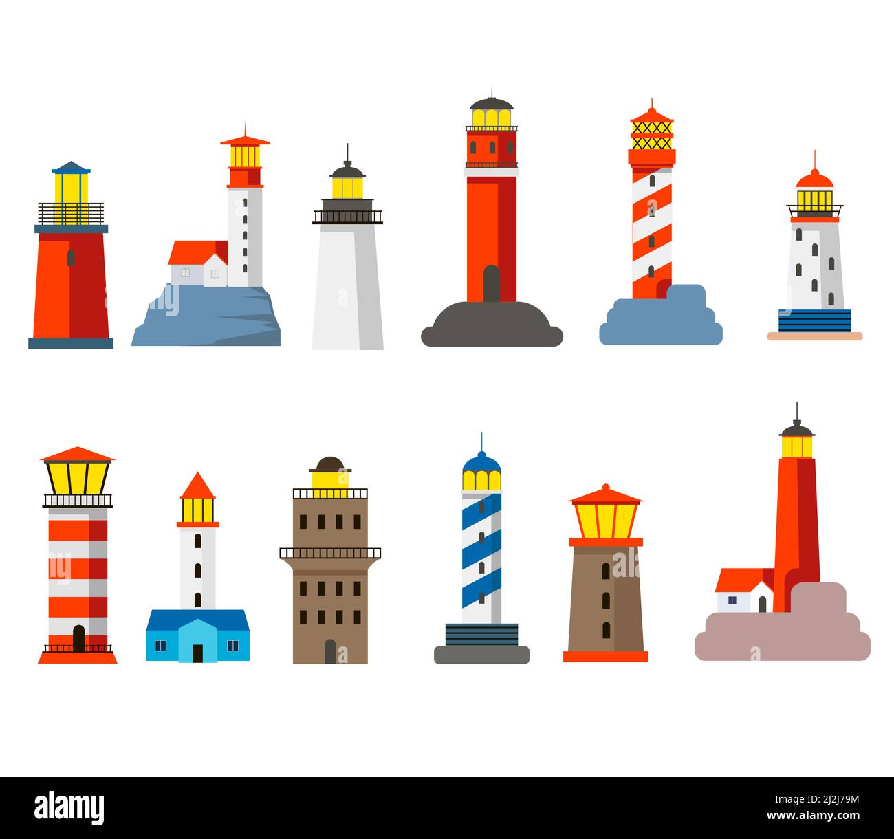Set of colorful lighthouses cartoon vector illustration. Traditional ...