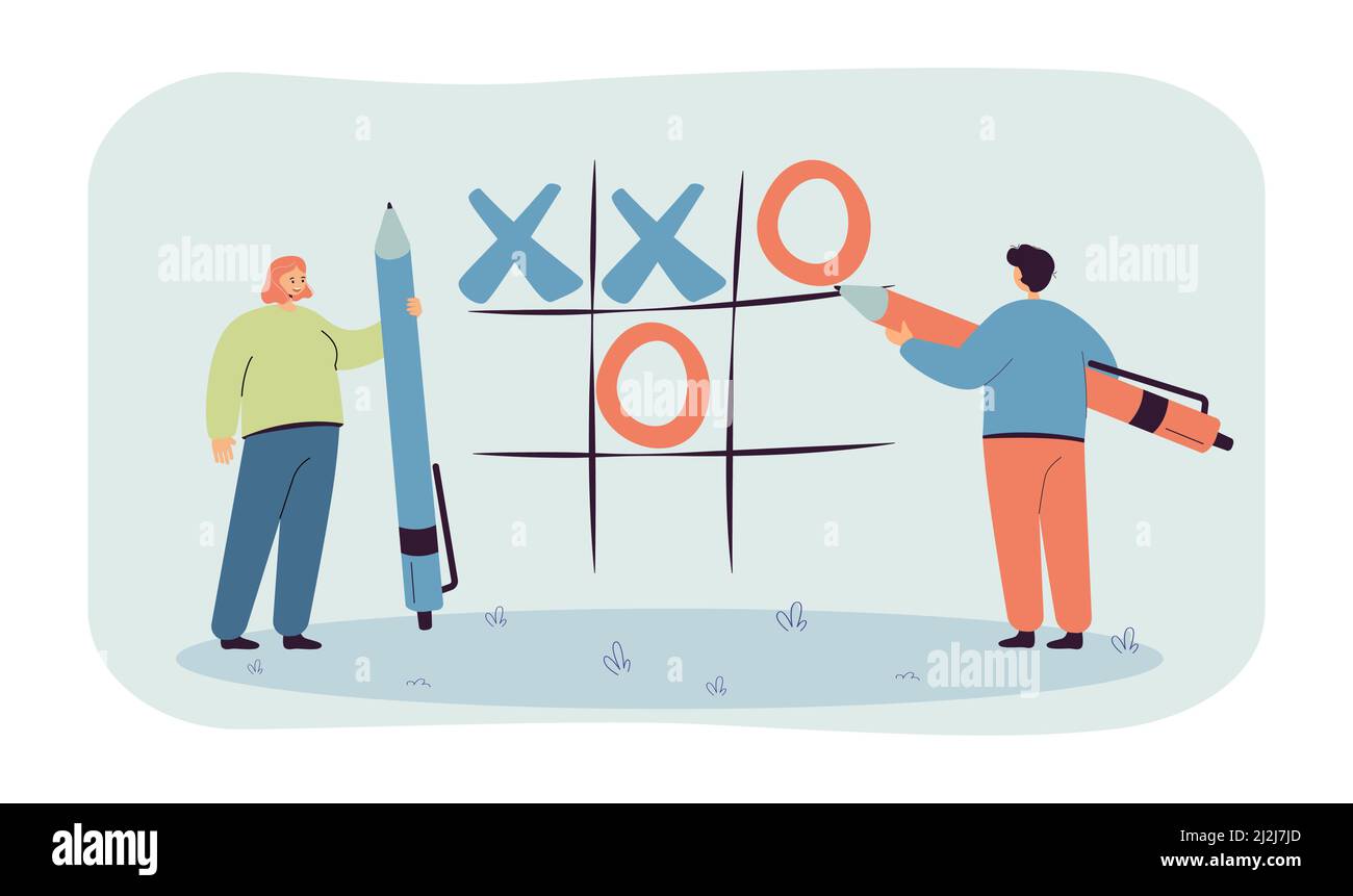 Tiny cartoon man and woman playing game of noughts and crosses. Couple ...