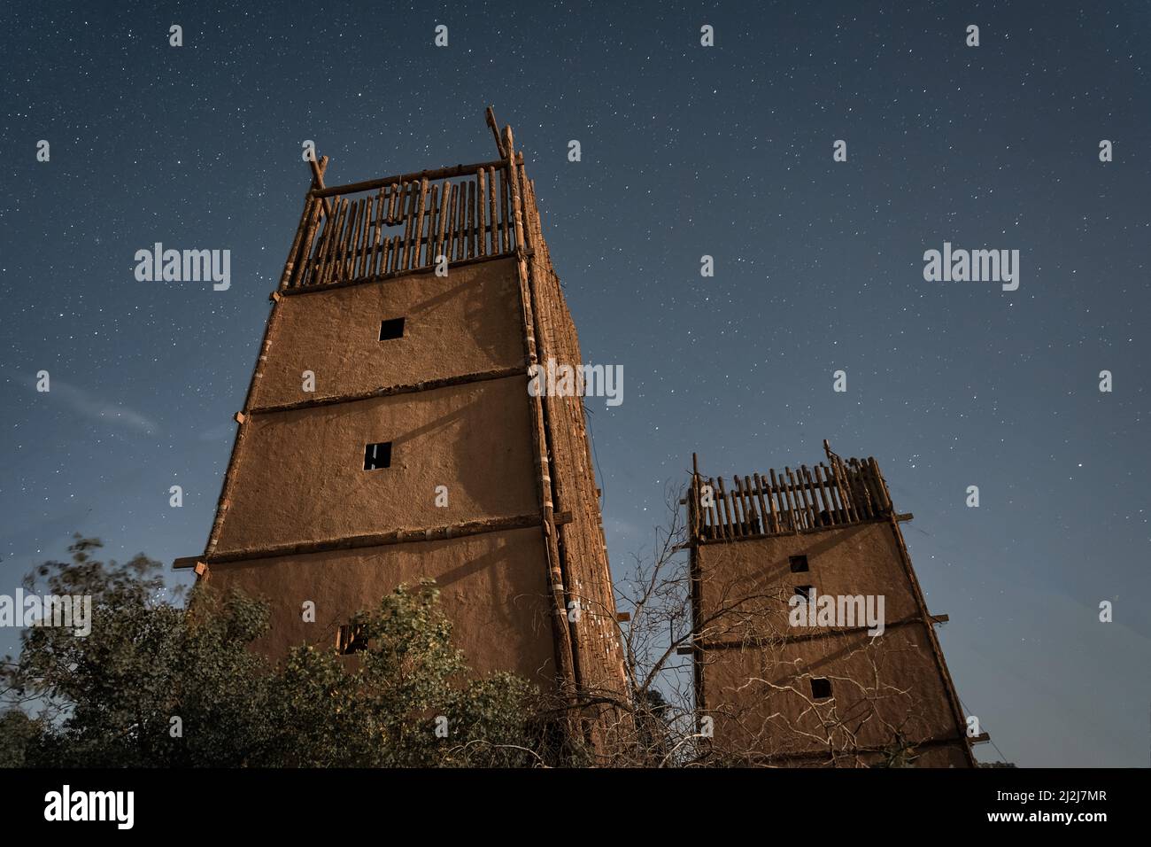 A low angle of Medieval towers under a stary night Stock Photo - Alamy