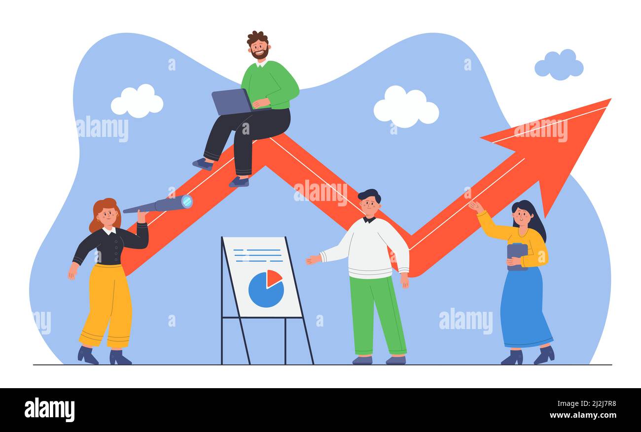 Team of tiny cartoon company people with balanced scorecard. Business ...