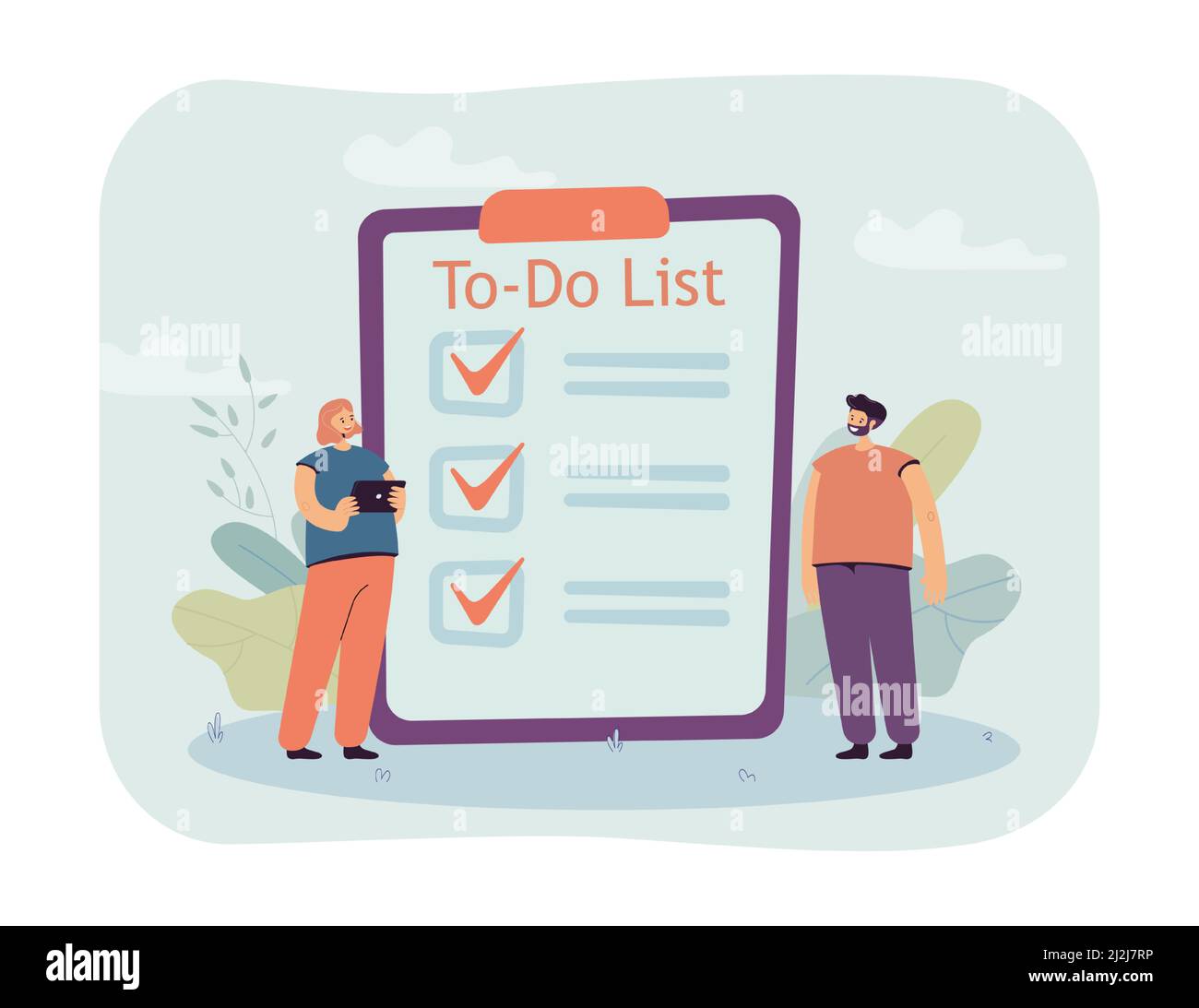 Team of tiny people working on to do list with checkmarks. Man and ...