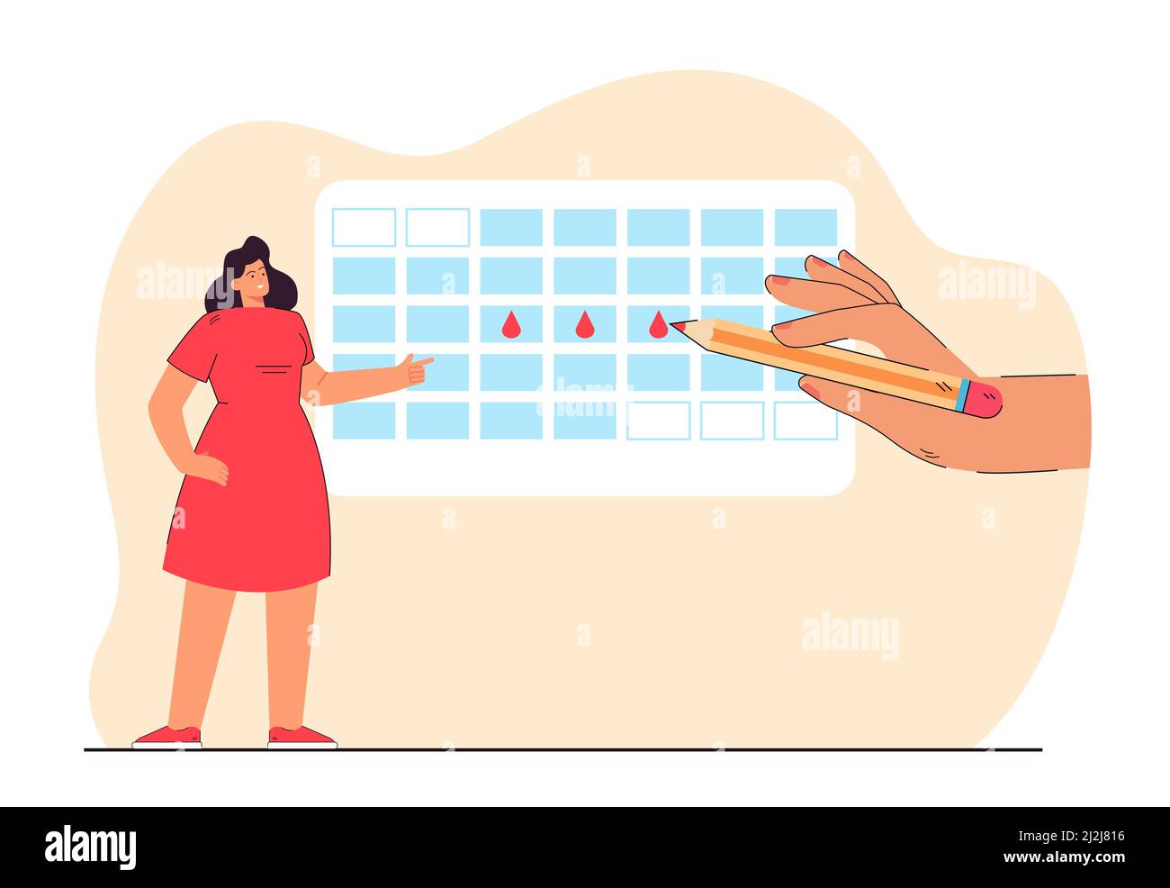 Tiny woman marking her period in calendar using pencil. Critical days ...