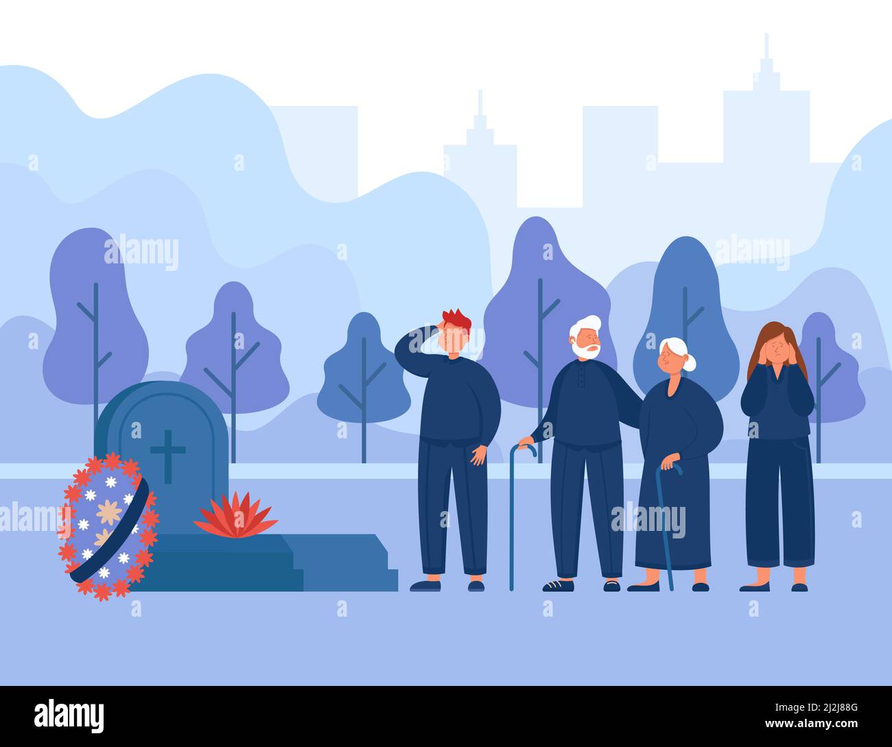 Upset family standing at the tombstone in the graveyard. Cartoon people ...