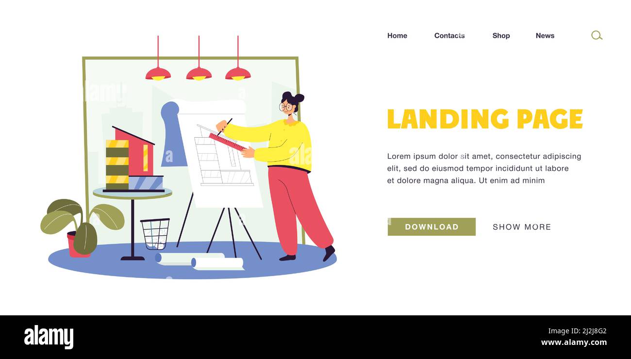 Woman architect working in studio flat vector illustration. Cartoon ...