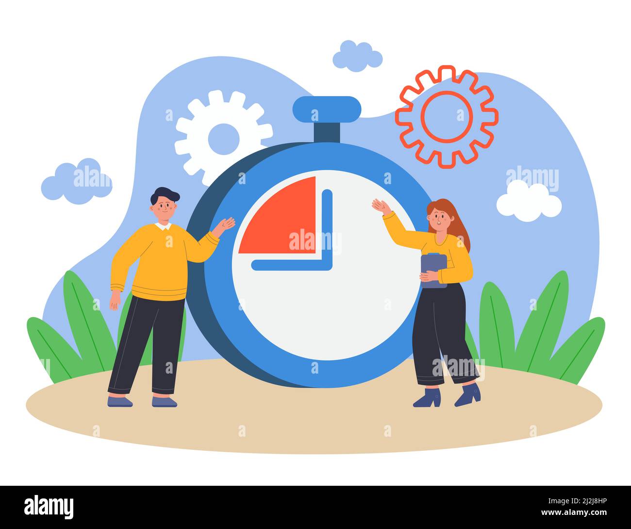 Worried male and female characters with timer in background. Woman ...