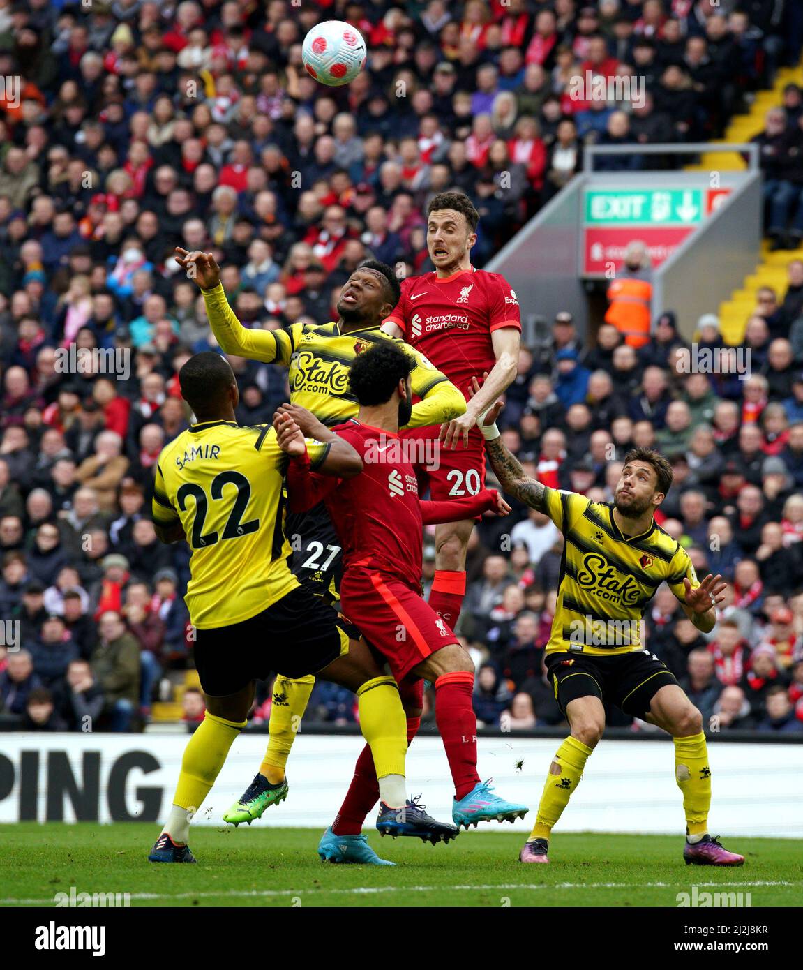 Liverpool's Diogo Jota rises high as he makes an attempt towards goal ...
