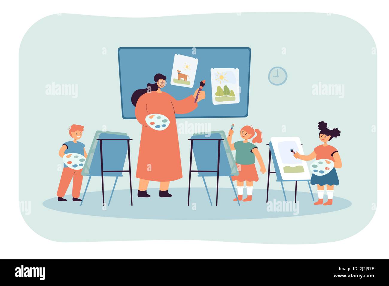 Cartoon artist teaching kids art of drawing. Flat vector illustration ...