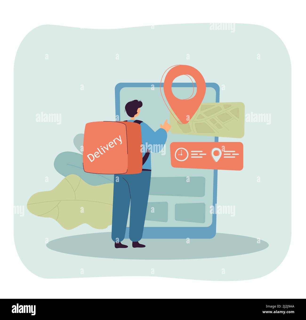 Cartoon courier checking location through huge smartphone. Man with ...
