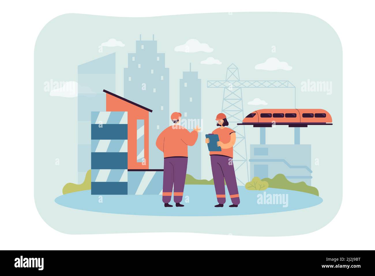 Cartoon engineers working on railway construction. Building railroad ...