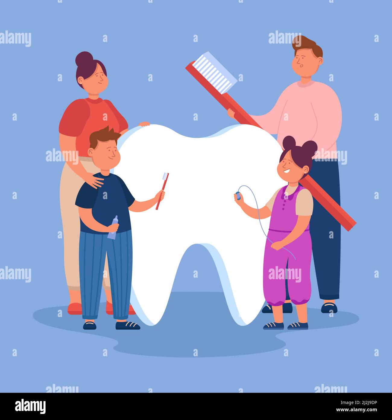 Cartoon family caring about giant tooth. Flat vector illustration ...