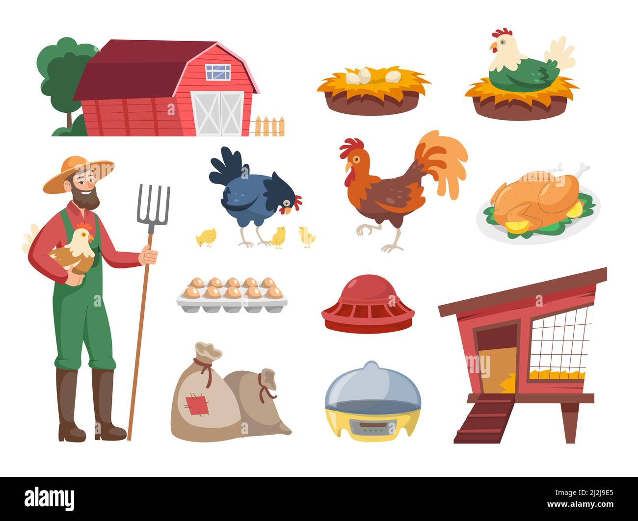 Cartoon farmer with hen and equipment vector illustrations set. Poultry ...
