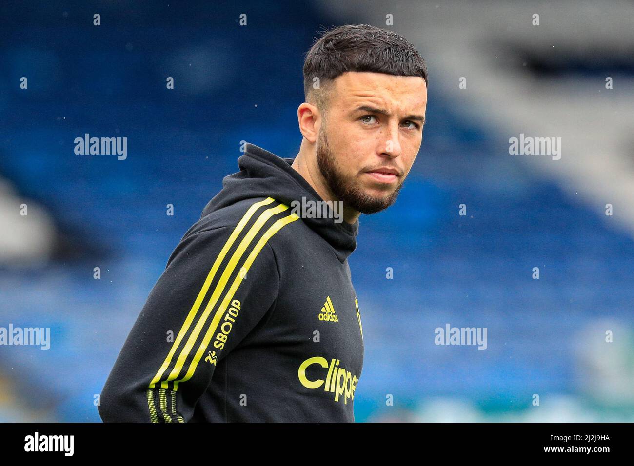 Sam Greenwood #42 of Leeds United arrives at Elland Road Stadium ahead ...