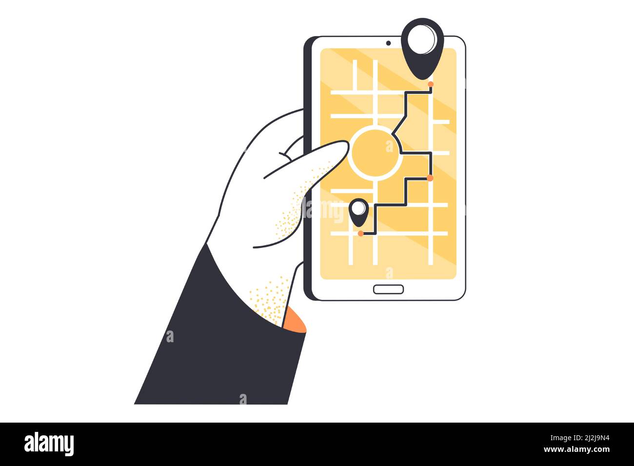 Cartoon hand holding smartphone with GPS navigator on screen. Flat ...