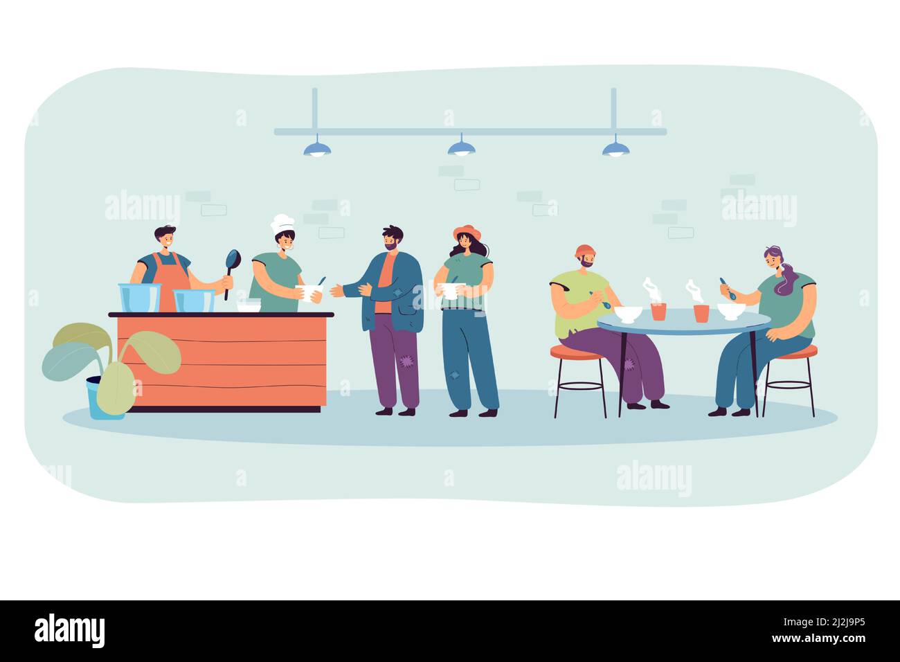 Cartoon homeless people eating food at refectory. Volunteers helping ...