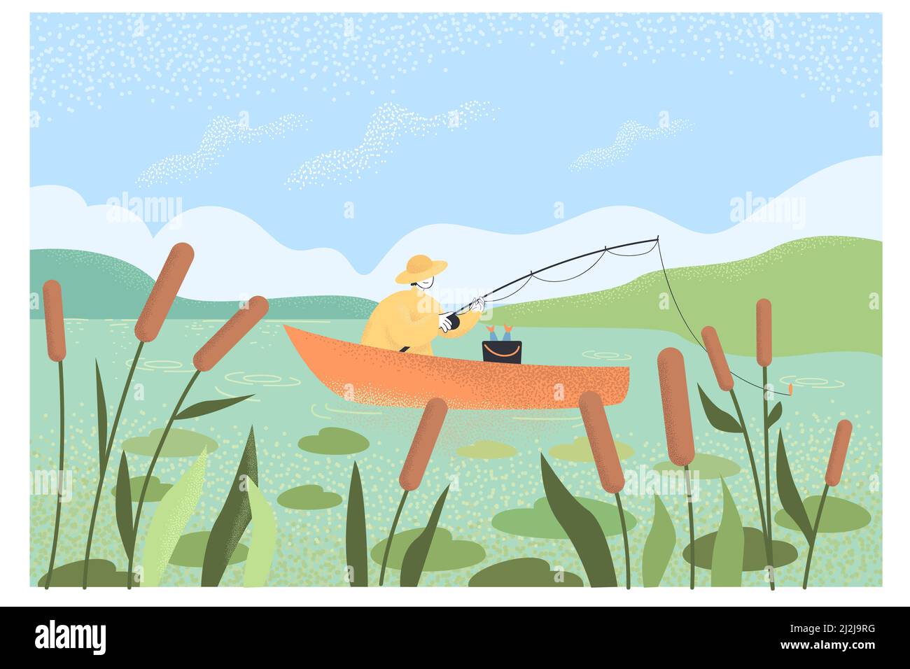 Cartoon fisher fishing on boat in lake. Landscape with blue sky and man ...