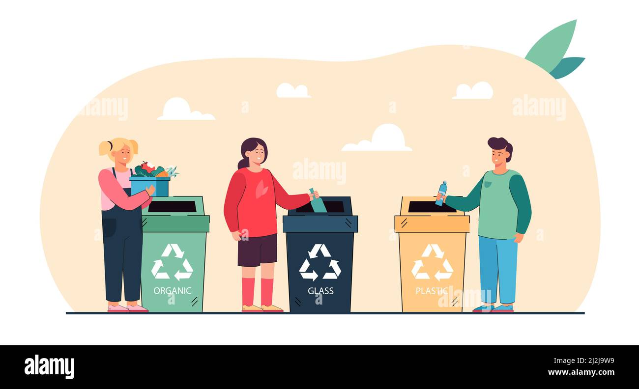 Cartoon kids sorting trash flat vector illustration. Little boy and ...