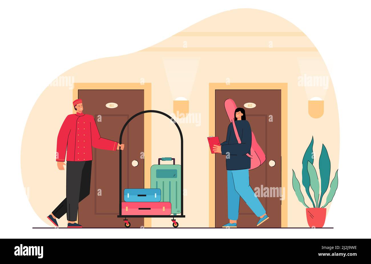 Bellboy in retro hotel uniform carrying guest baggage on cart. Bellman ...